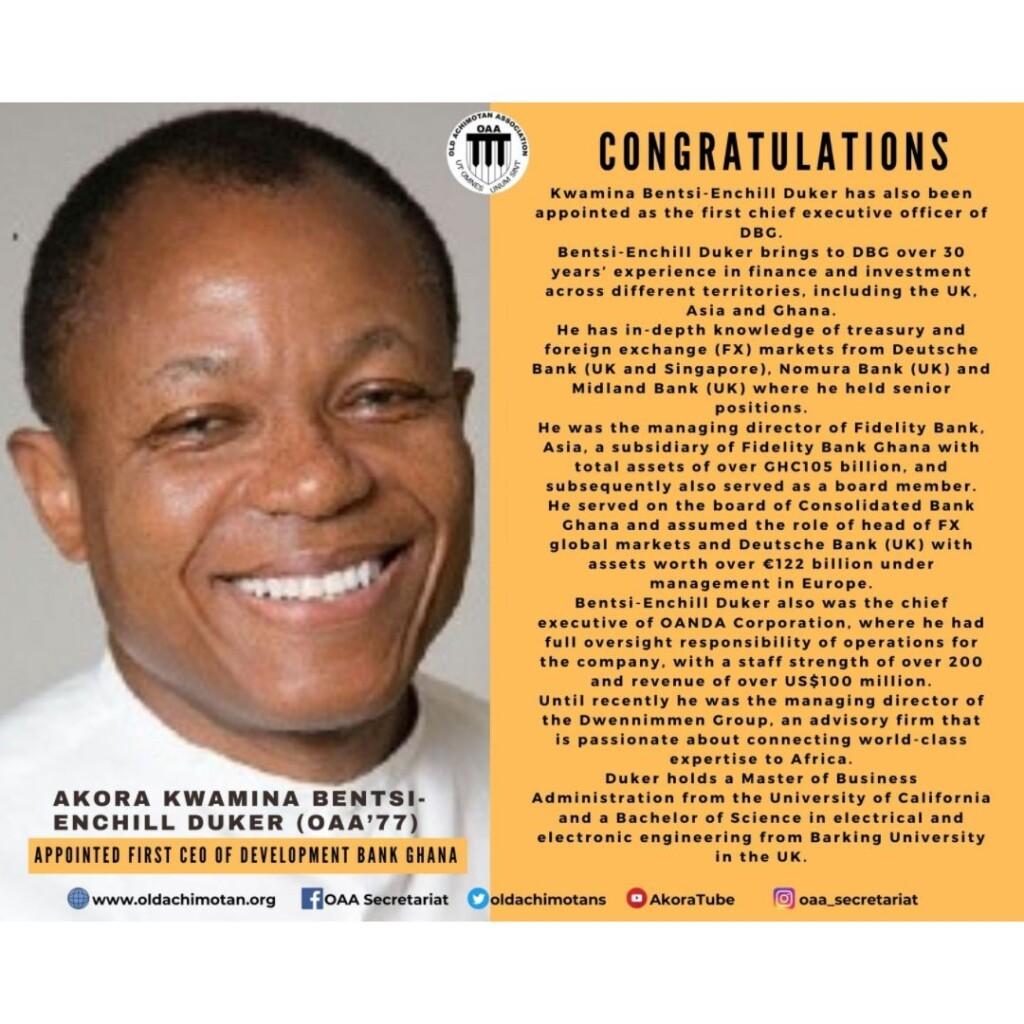 Akora Kwamina Bentsi Enchill Duker-First CEO of Development Bank Ghana - Old Achimotan Association